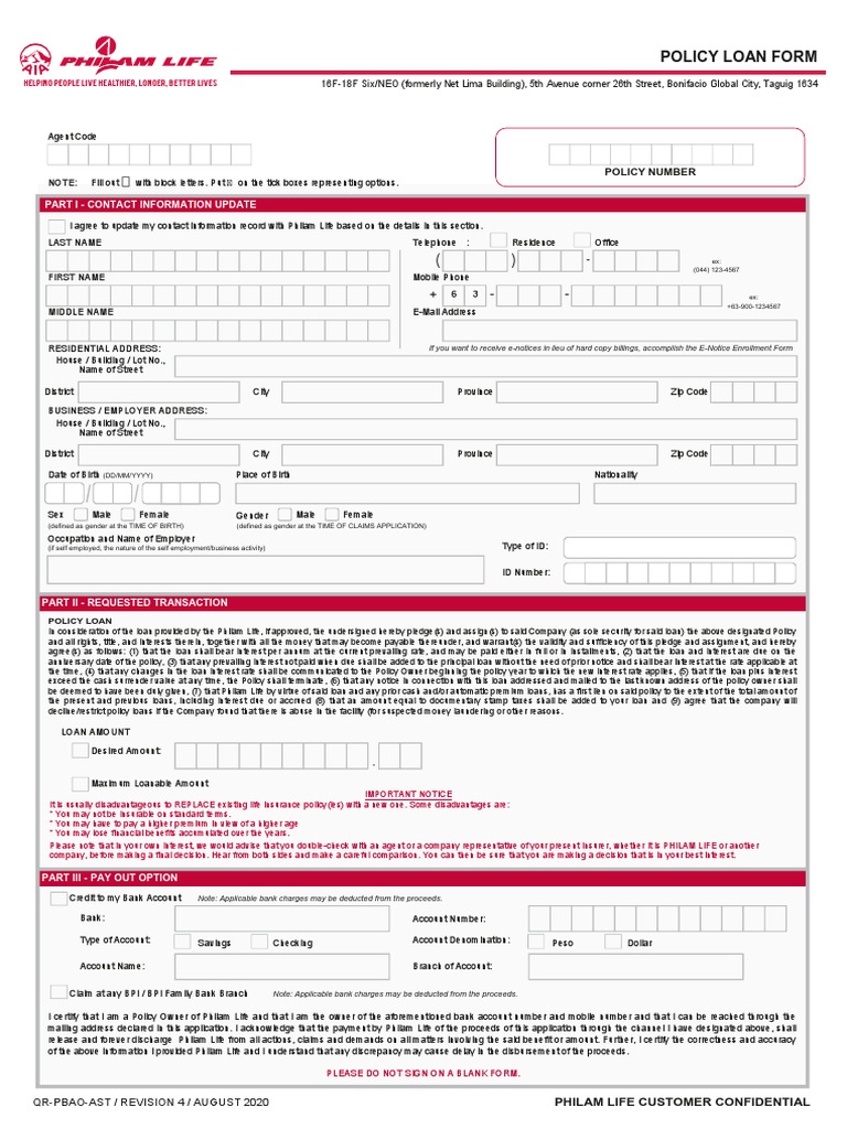 AIA Philam Life Policy Loan Request Form | PDF | Interest | Loans