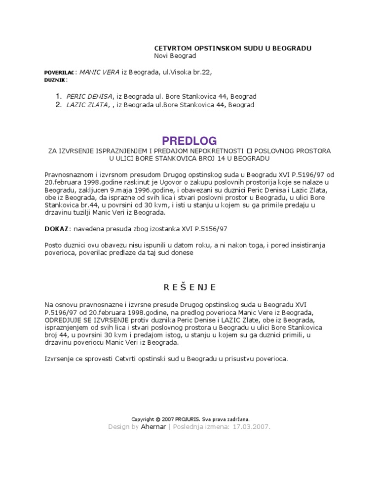 Predlog Za Izvrsenje Na Osnovu Presude | PDF