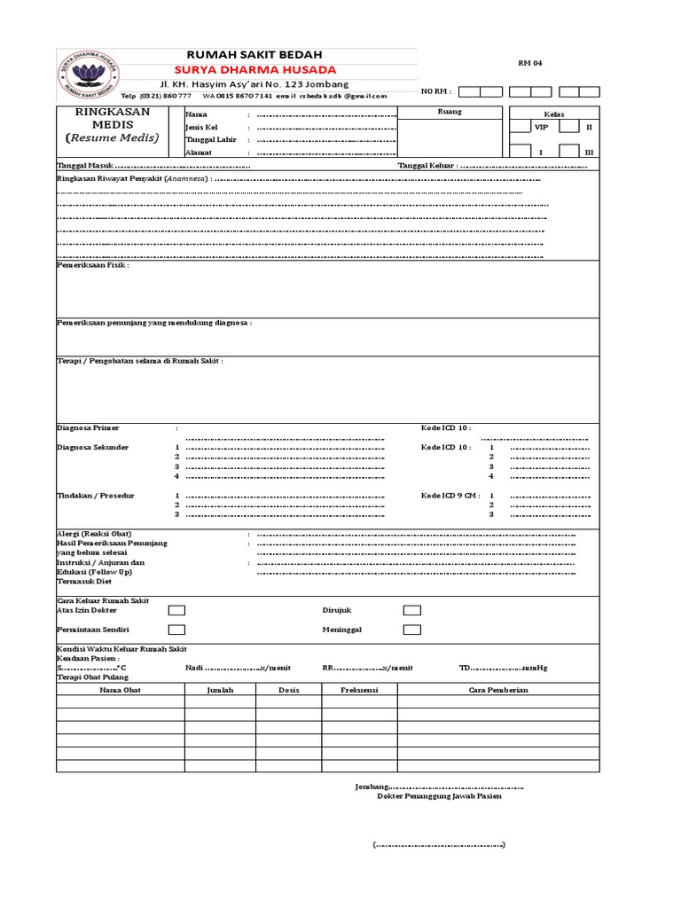 Ringkasan Medis (Resume Medis) : Surya Dharma Husada | PDF