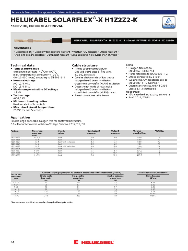 Helukabel Solarflex - X H1Z2Z2-K: 1500 V DC, EN 50618 APPROVAL | PDF | Photovoltaic System ...