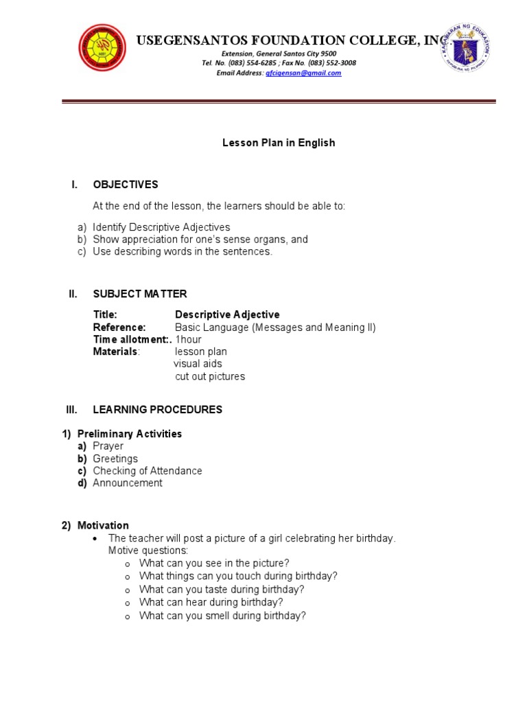 Adjective Lesson Plan | PDF | Adjective | Noun