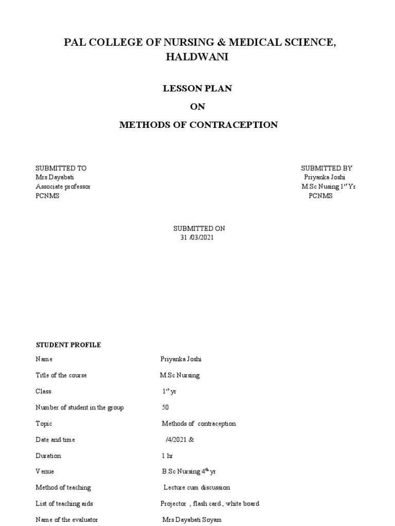 Comprehensive Lesson Plan on Methods of Contraception | PDF | Combined ...