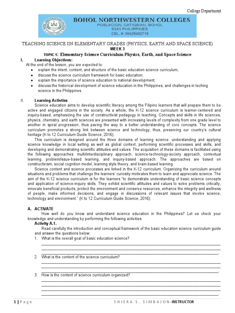 Elementary Science Curriculum Physics, Earth, and Space Science | PDF