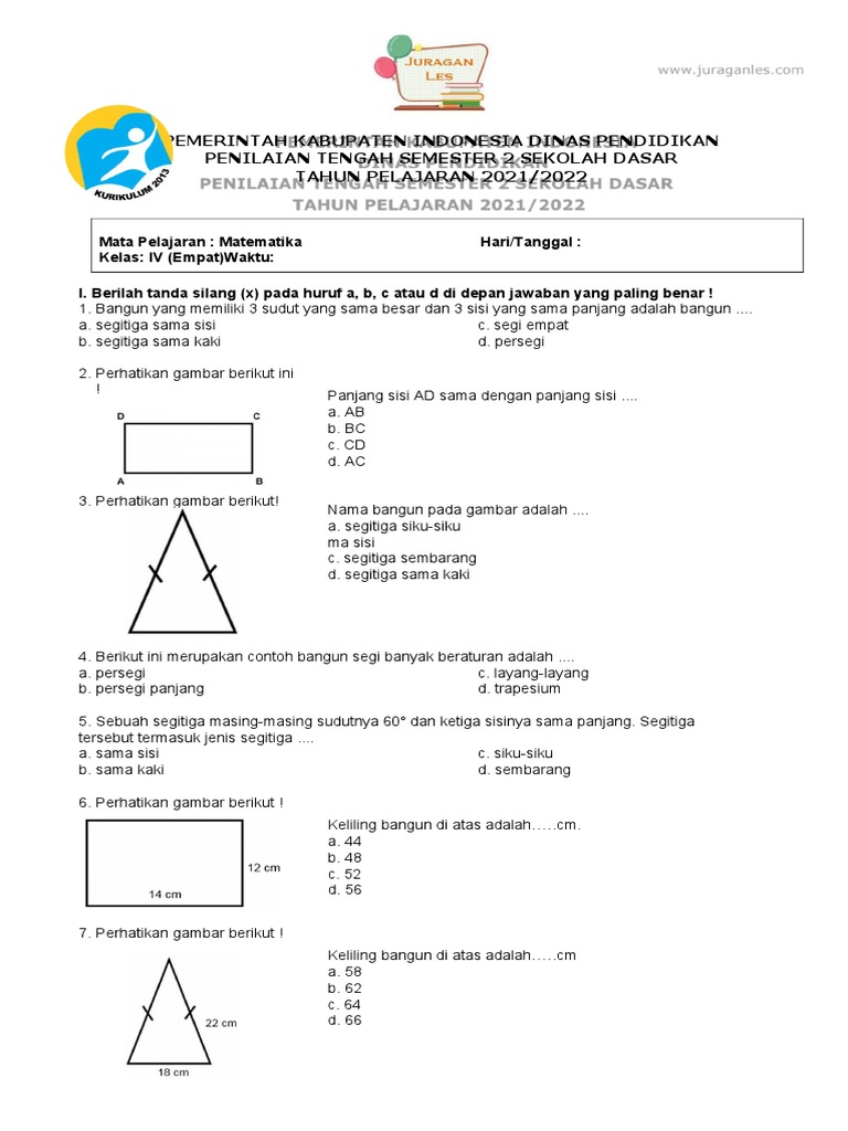 Soal PTS-Matematika Kelas 4 Semester 2 Tahun Ajaran 2021-2022-Dikonversi | PDF