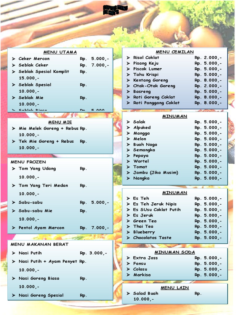 Menu Ceker Pedas dan Makanan Lainnya | PDF