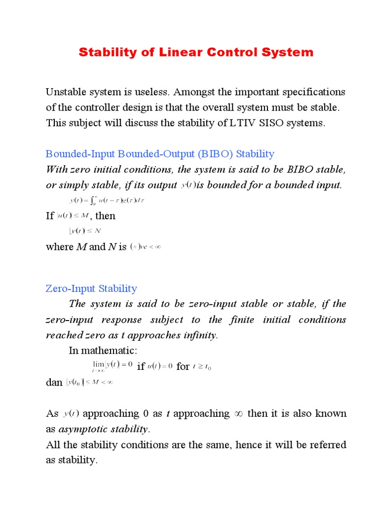 Stability of Linear Control System: Bounded-Input Bounded-Output (BIBO) Stability | PDF ...