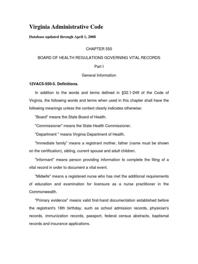 Virginia Administrative Code: Database Updated Through April 1, 2008 ...