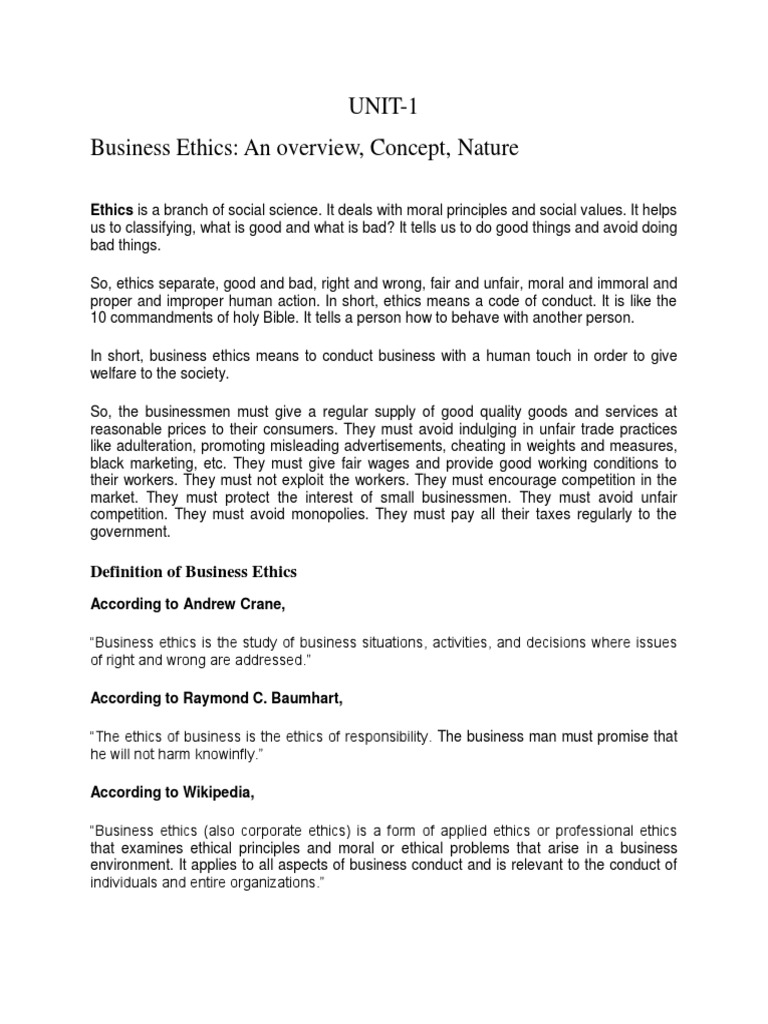 UNIT-1 Business Ethics: An Overview, Concept, Nature | Download Free ...
