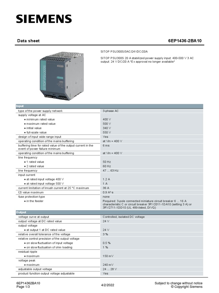 Data Sheet 6EP1436-2BA10: Input | PDF | Power Supply | Mains Electricity