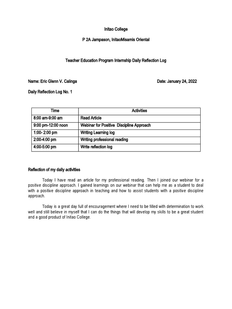 Teacher Education Program Internship Daily Reflection Log | PDF ...