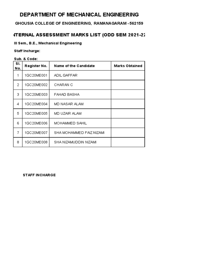 Mechanical Engineering Internal Assessment Marks | PDF