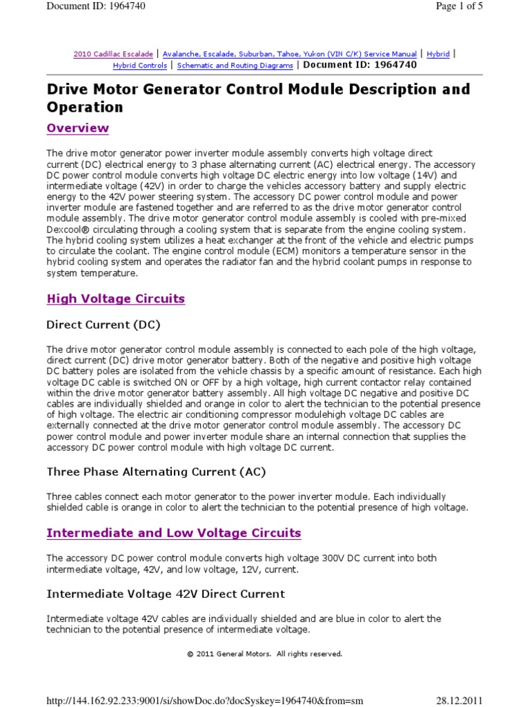 Drive Motor Generator Control Module Description and Operation Escalade ...