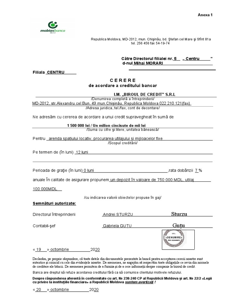 Cerere de Acordare Credit PJ | PDF