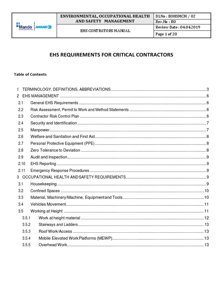 Contractor EHS - Requirements Oct 2019 | PDF | Occupational Safety And Health | Employment