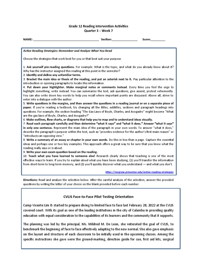 Grade 12 Reading Intervention Guide | PDF | Learning | Thesis