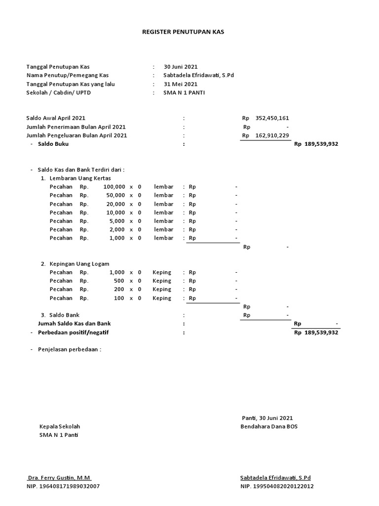 Format Register Penutupan Kas BOS 2021 | PDF