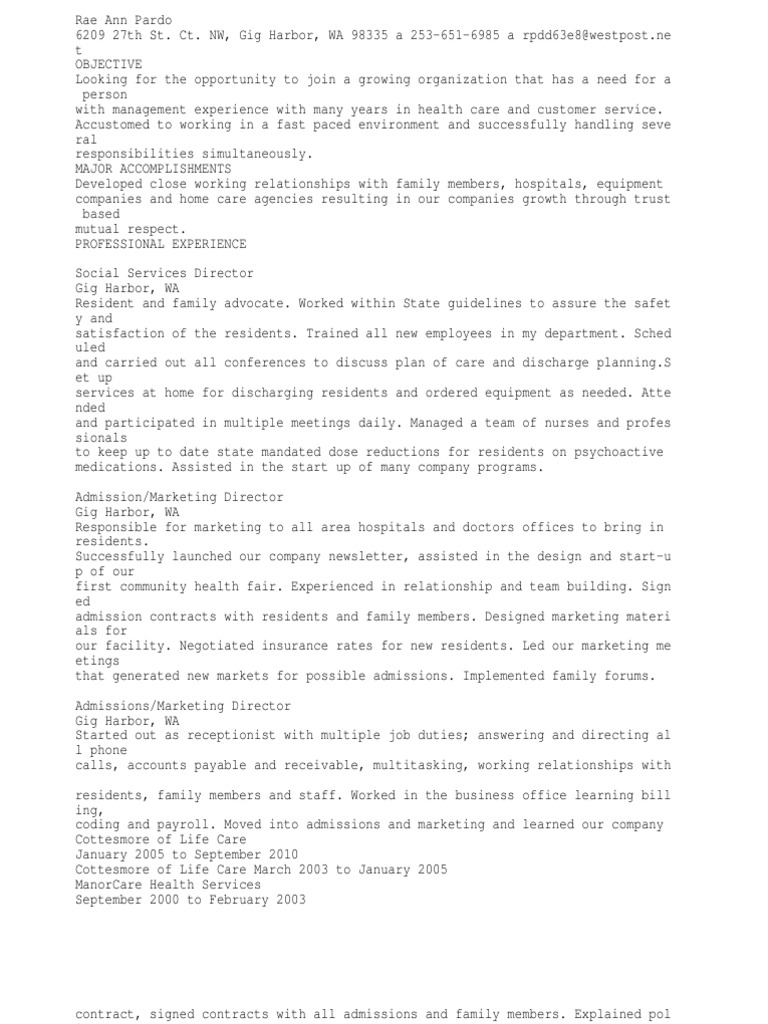 Social Services Director or Admissions Director or Marketing | PDF ...