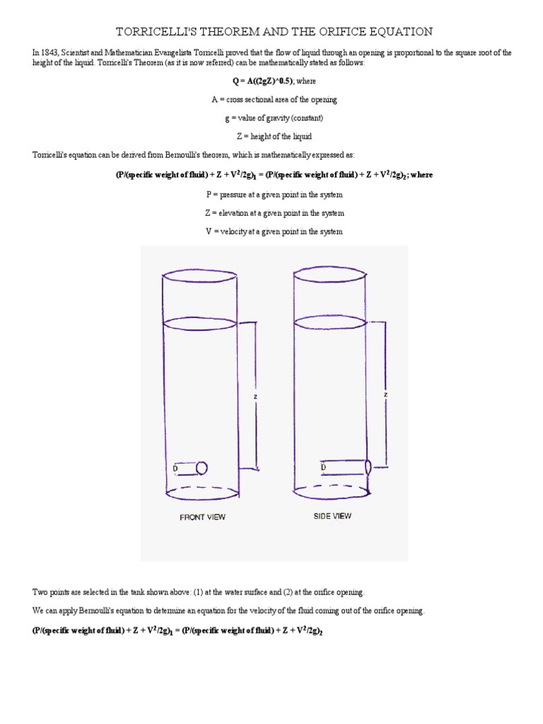 Torricelli's Theorem & Orifice Equation Explained | PDF | Fluid ...