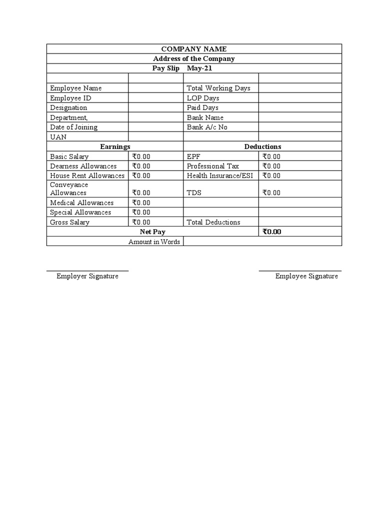 Pay Slip Format in Word | PDF