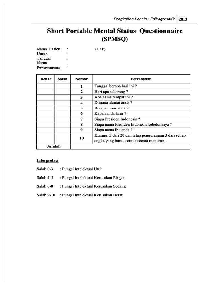 PDF Uji SPMSQ Amp Mmse Pada Lansia - Compress | PDF