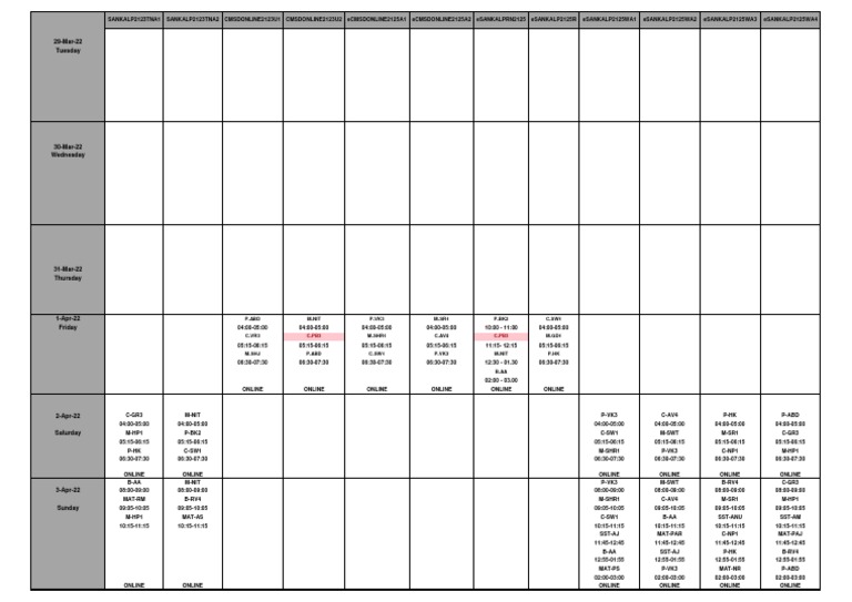 TIME TABLE JUNIOR & MIDDLE WING (1st APRIL TO 3rd APRIL 2022) | PDF