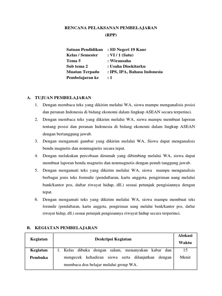 1 RPP Kelas 6 Tema 5 Sub Tema 2 Pembelajaran 1 | PDF
