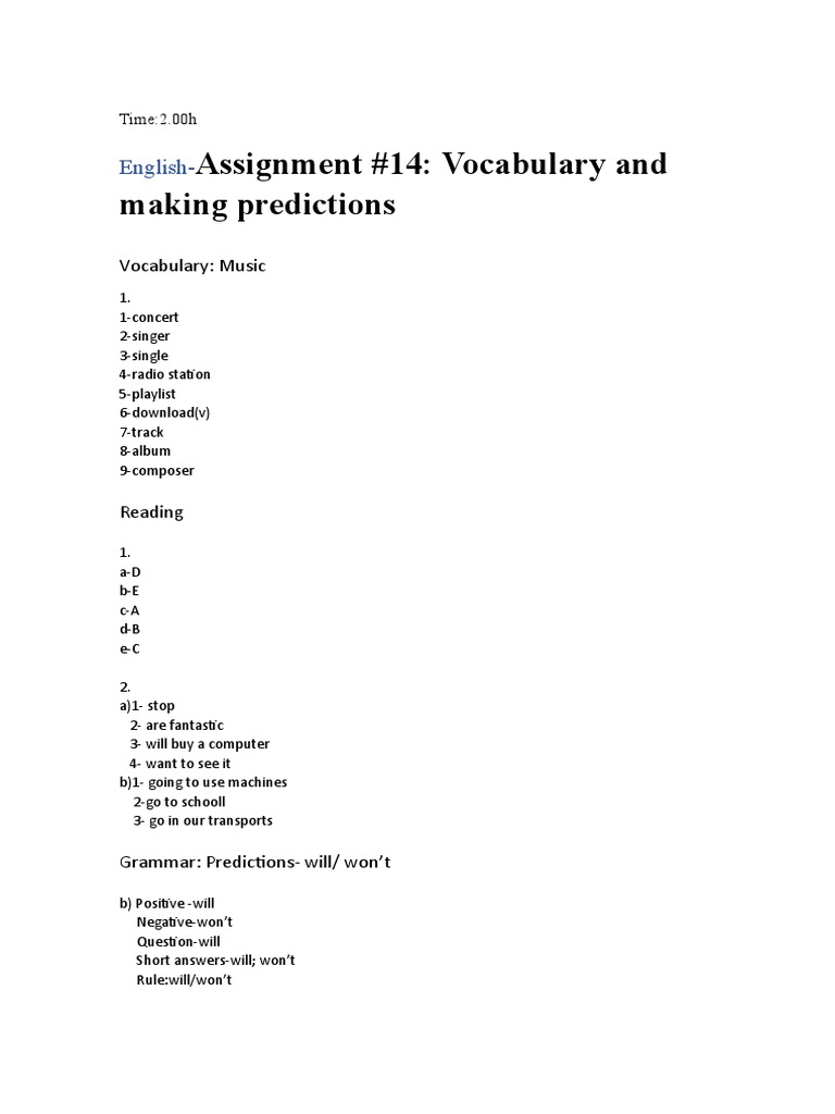 Assignment #14: Vocabulary and Making Predictions: English | PDF ...