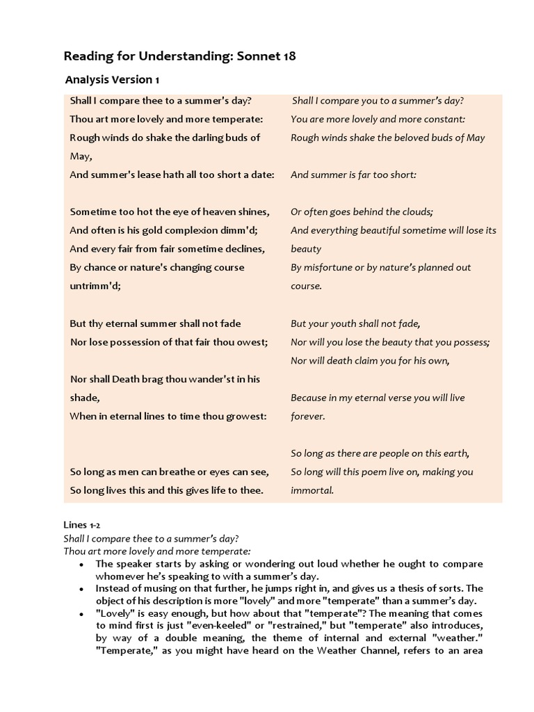 Reading For Understanding: Sonnet 18: Analysis Version 1 | PDF | Poetry | Sonnets