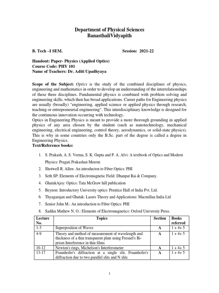 PHY-101 - Applied Optics | PDF | Diffraction | Light