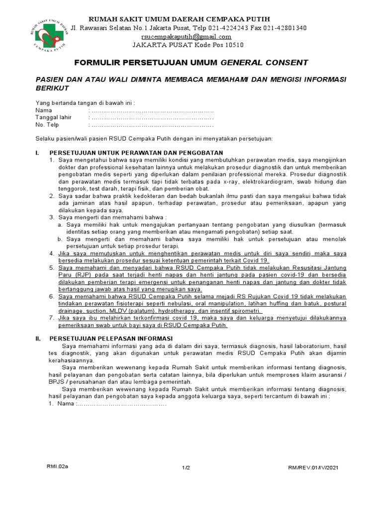 02a FORMULIR PERSETUJUAN UMUM GENERAL CONSENT COVID 19 REV 1 | PDF