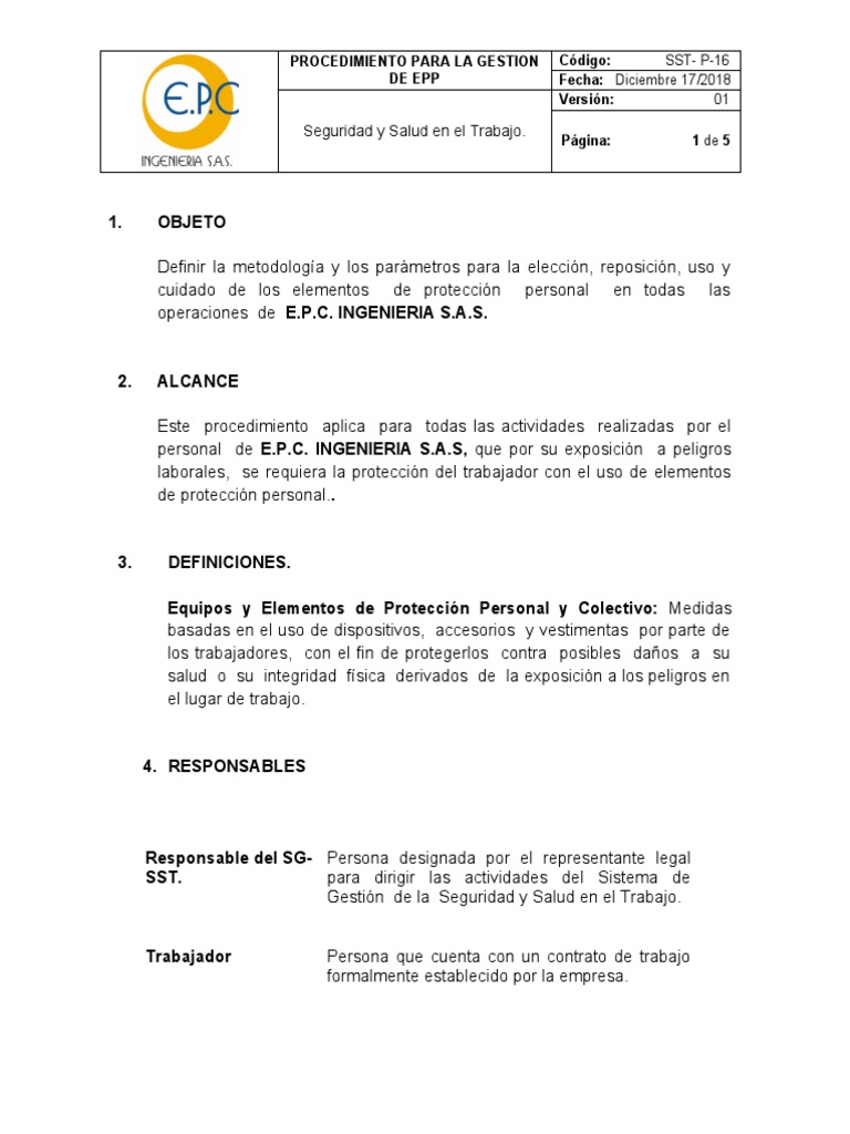 SST-P-16 Procedimiento Gestión de Epp | PDF