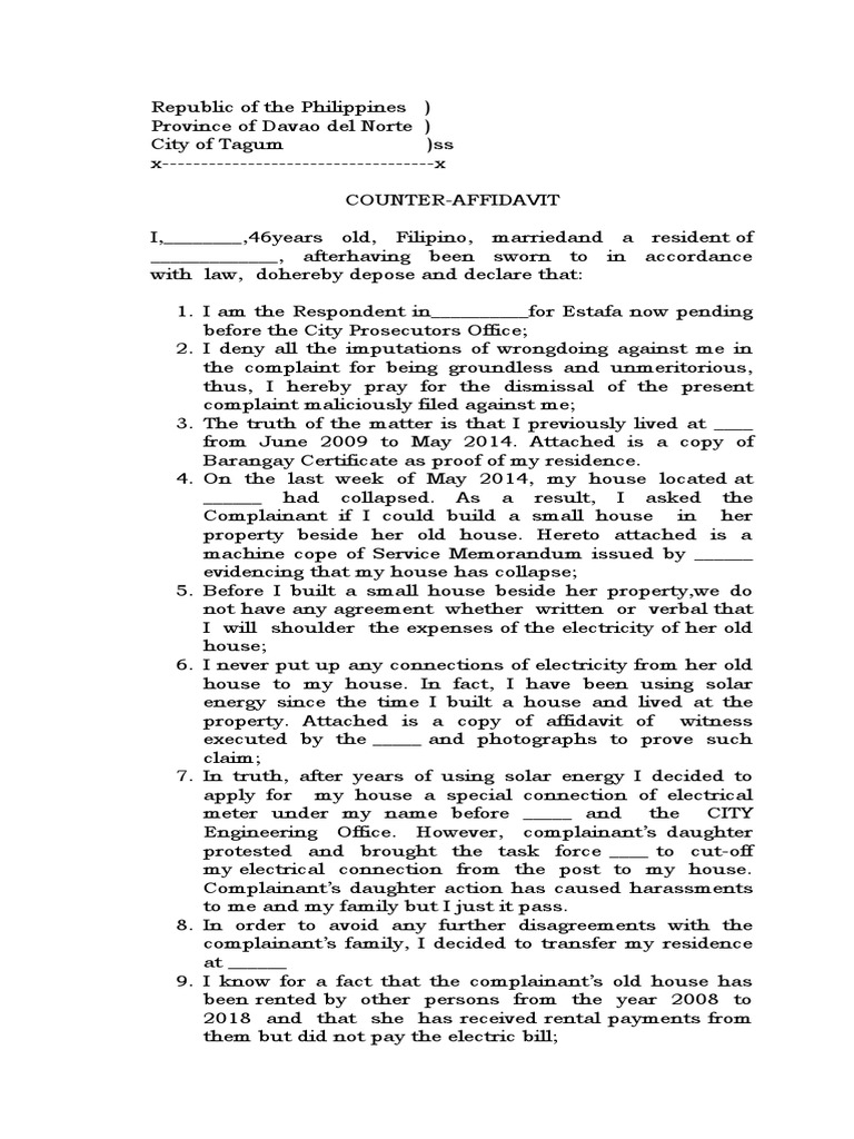 Counter-Affidavit for Estafa Case | PDF | Affidavit | Justice