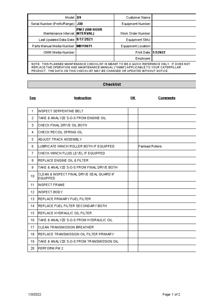 PM 2 (500 HOUR Interval) : Checklist | PDF | Motor Oil | Transmission ...