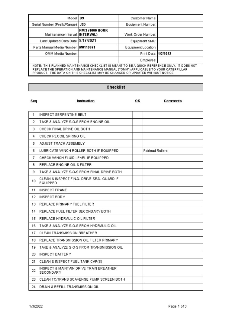 Caterpillar D9 PM 3 Maintenance Checklist | PDF | Transmission ...