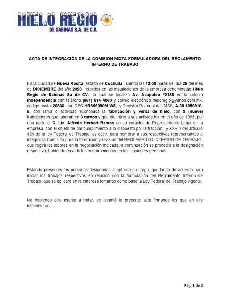 Acta de Integración de La Comision Mixta Formuladora Del Reglamento Interno de Trabajo | PDF
