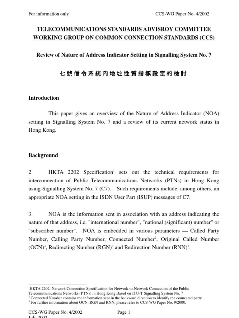 Review of Nature of Address Indicator Settings in Signalling System No ...