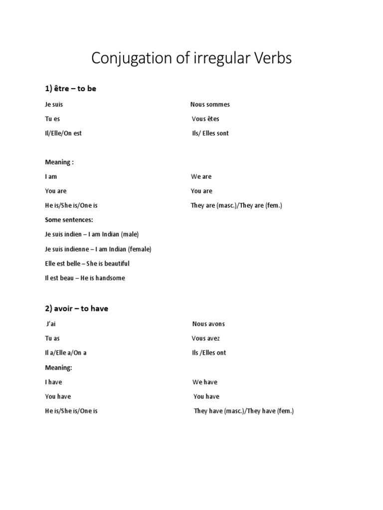 Conjugation of Irregular Verbs: 1) Être - To Be | PDF