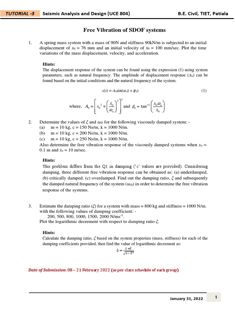 Free Vibration of SDOF Systems: Seismic Analysis and Design (UCE 804) B.E. Civil, TIET, Patiala ...