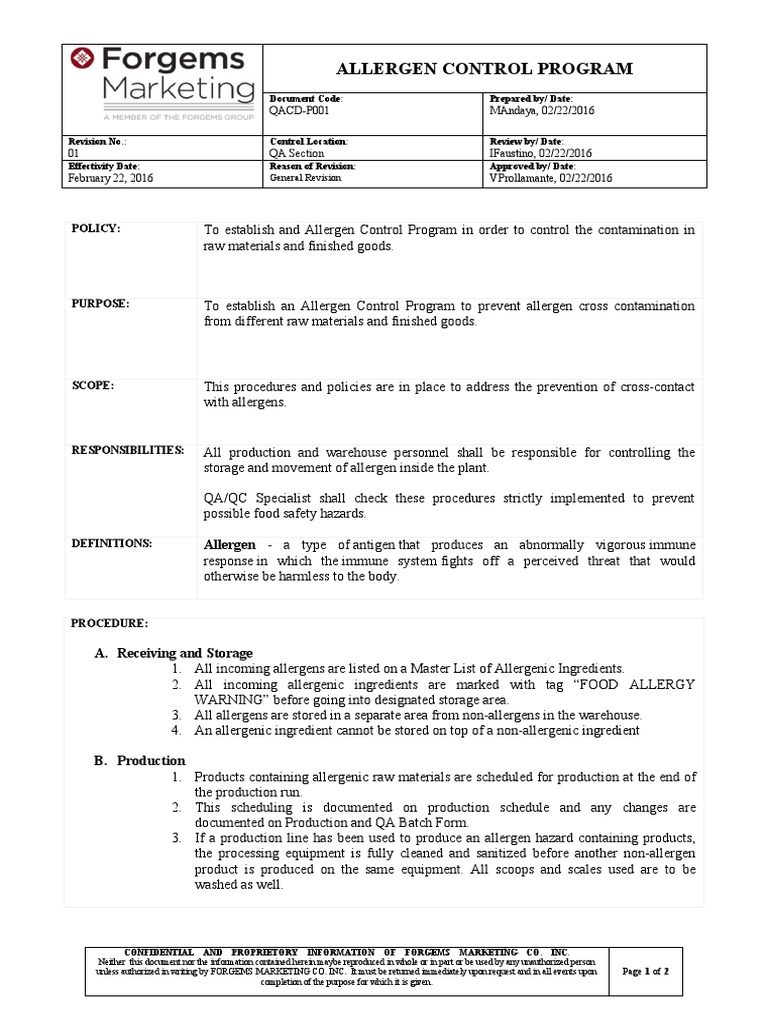 Allergen Control Program | PDF | Food Allergy | Allergen