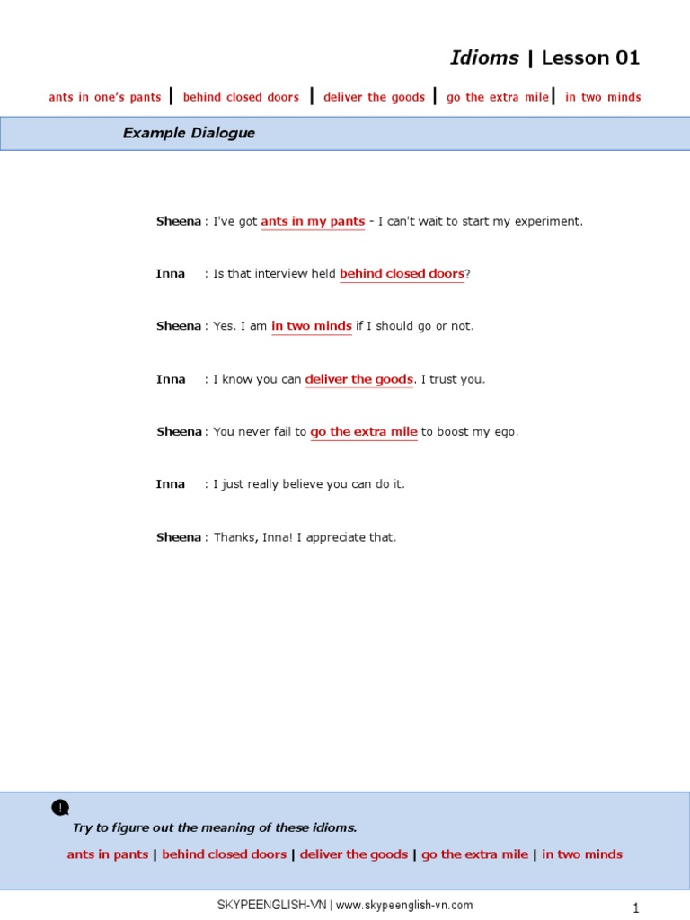 Idioms - Lesson 01: Example Dialogue | PDF