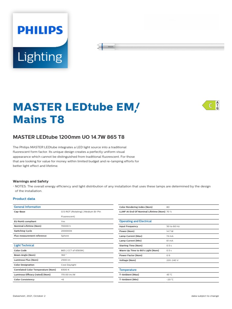 Master Ledtube 1200MM Uo 14.7W 865 T8 Philips | PDF | Fluorescent Lamp | Light