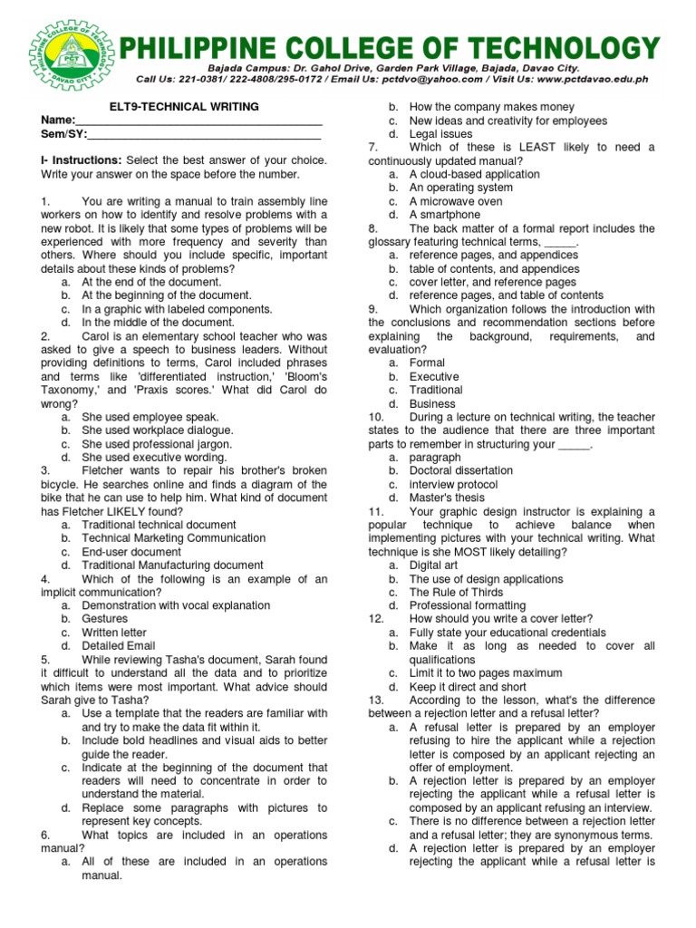 Elt 9 Technical Writing Final Exam PDF Revised | PDF | Verb | Thesis