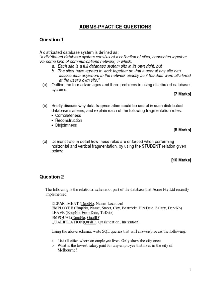 Adbms-Practice Questions: (7 Marks) | PDF | Database Transaction | Relational Model