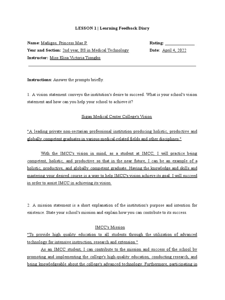 Mañigos, Princee Mae P. - Lesson 1 - Learning Feedback Diary-1 | PDF | Medicine | Behavior ...