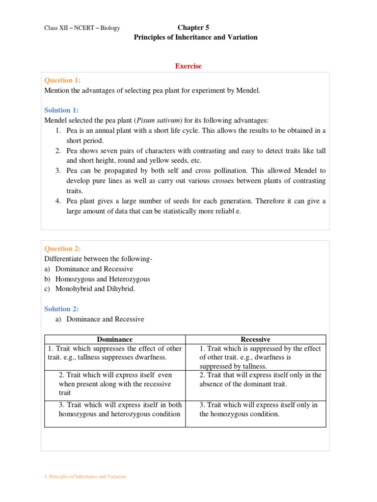 Solution 1:: Principles of Inheritance and Variation | PDF | Dominance ...