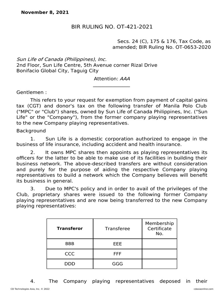 BIR RULING NO. OT-421-2021: Sun Life of Canada (Philippines), Inc | PDF ...
