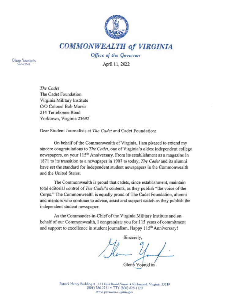 Governor Youngkin's Letter To The Cadet Newspaper at The Virginia ...