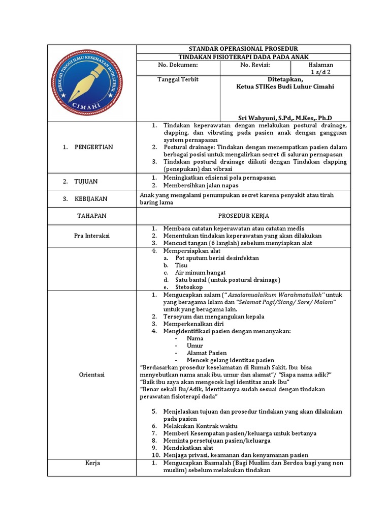 Sop Tindakan Fisioterapi Dada Pada Anak | PDF | Kesehatan Holistik