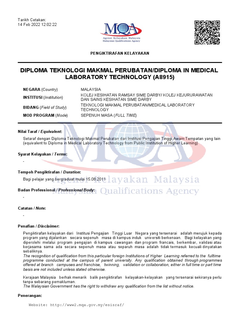 Mqa Ramsay Sime Darby Healthcare College | PDF