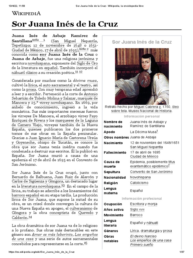 Sor Juana Inés de La Cruz - Wikipedia, La Enciclopedia Libre | PDF